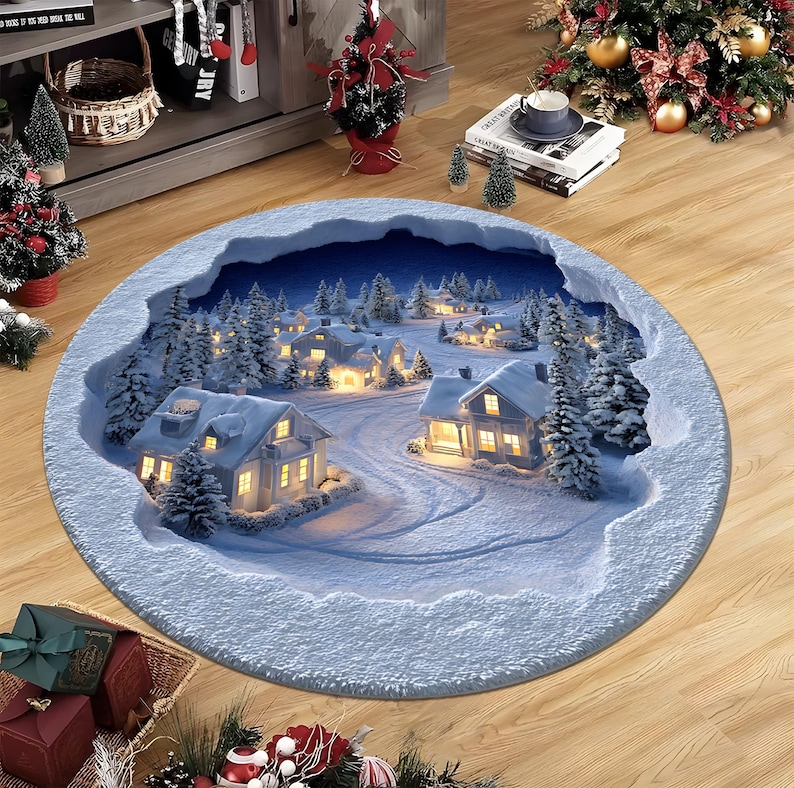 3D Snow Village Round Rug, Winter Scene Carpet for Living Room ...