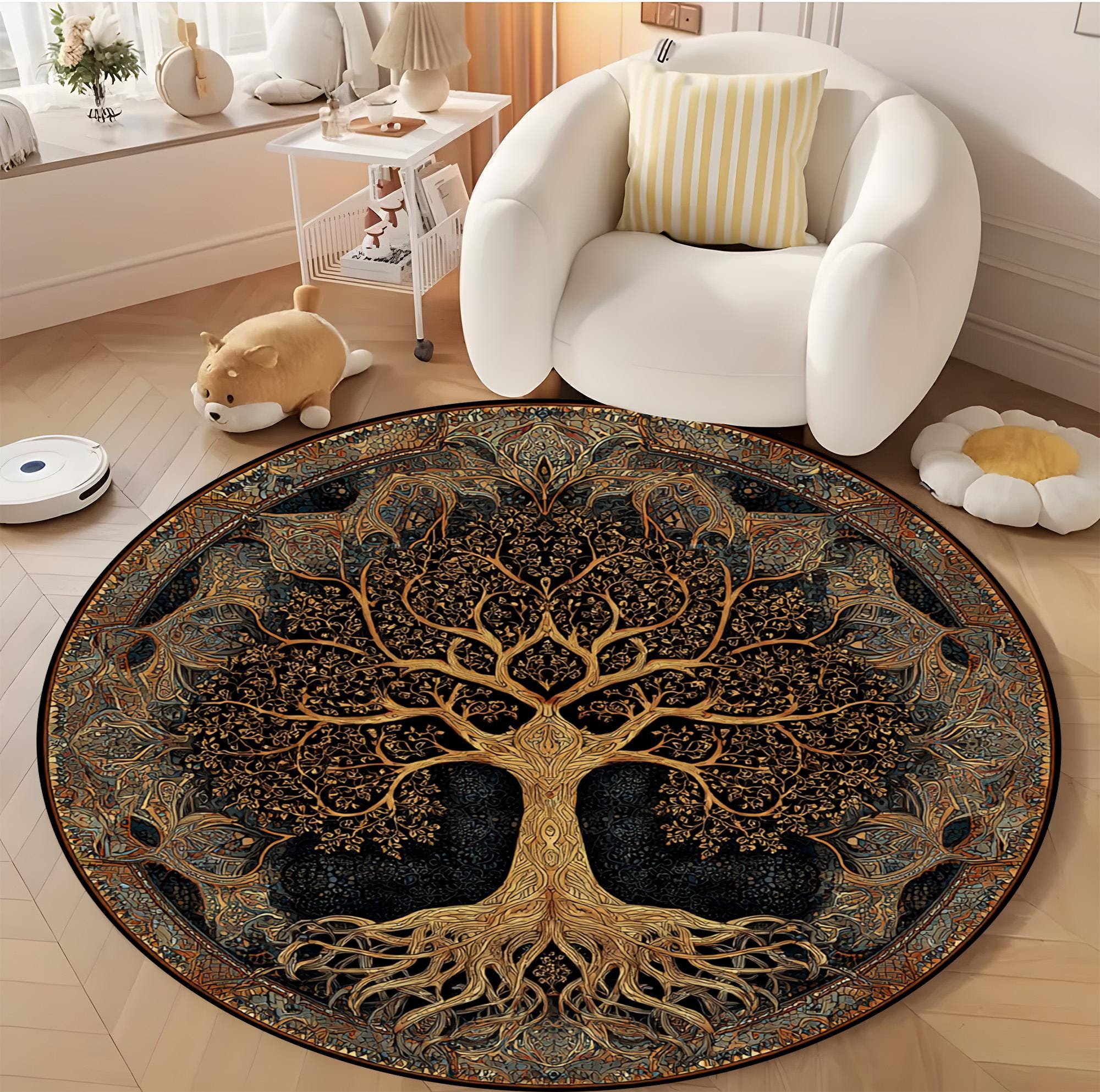 Tree of Life Round Rug, Boho Spiritual Carpet With Sacred Roots and ...