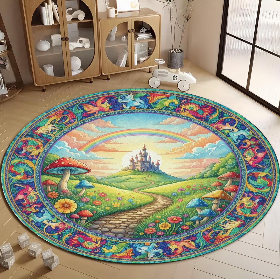 Fantasy Castle Rainbow Kids Round Rug Whimsical Playroom Decor - Etsy