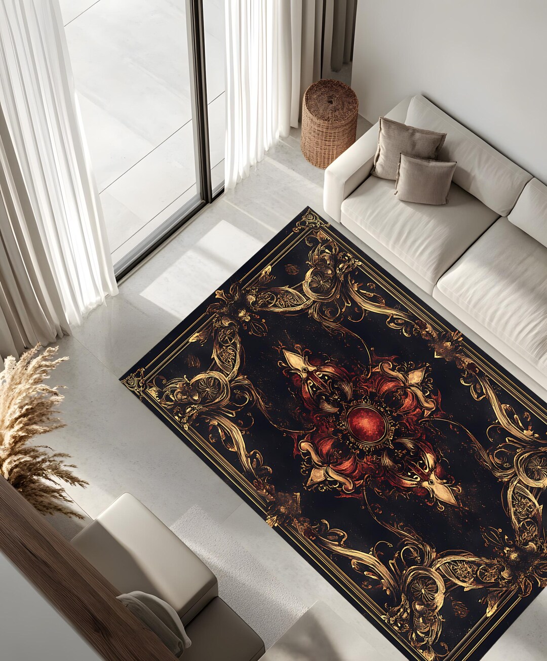 Luxury Baroque Area Rug, Black and Gold Ornate Carpet, Vintage Elegant ...