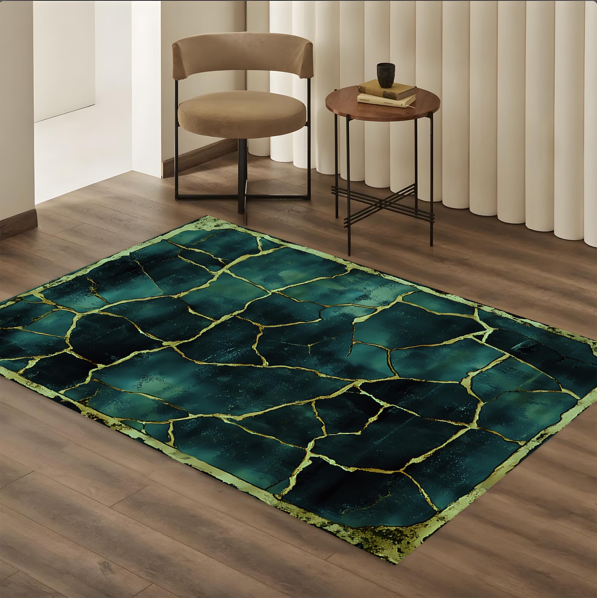 Luxury Emerald Green Rug With Gold Veins, Modern Abstract Area Rug ...