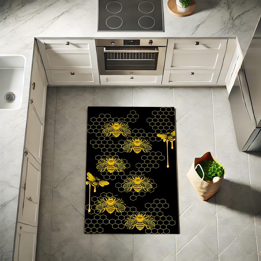 Bee Kitchen Rug With Honeycomb Design, Black and Yellow Floor Mat for ...