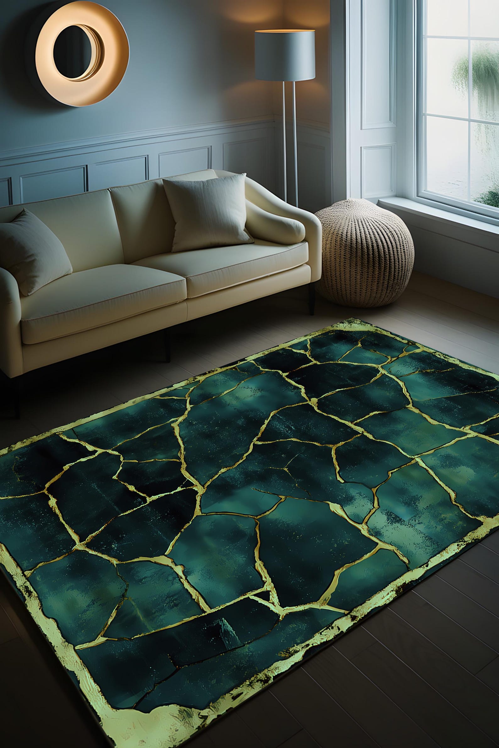 Luxury Emerald Green Rug With Gold Veins, Modern Abstract Area Rug ...