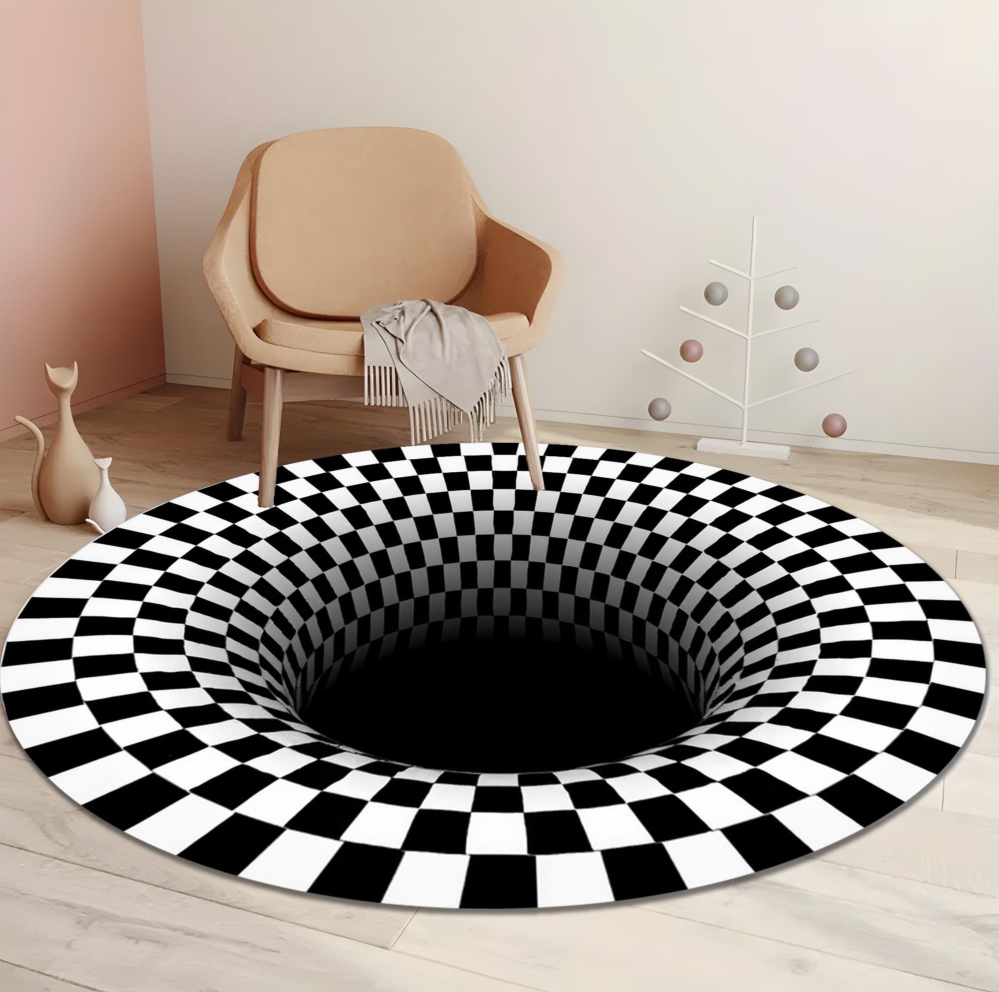 Optical Illusion Vortex Rug, 3D Checkered Black Hole Carpet for Living ...