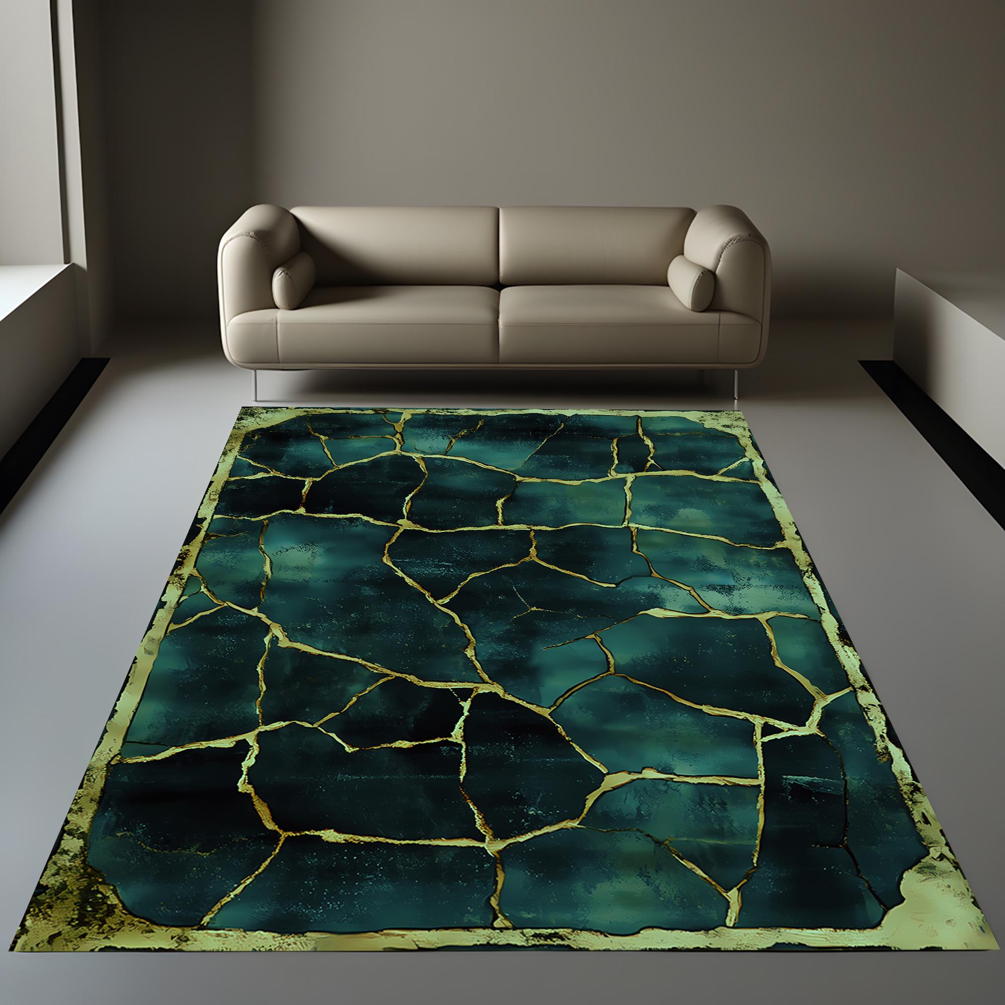 Luxury Emerald Green Rug With Gold Veins, Modern Abstract Area Rug ...