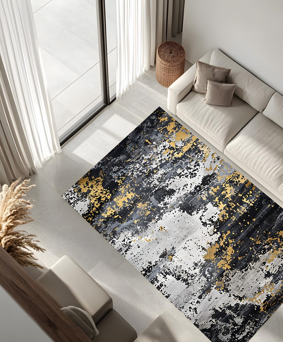 Modern Abstract Area Rug, Black White Gold Splatter Design, Bold ...