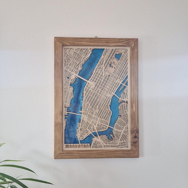 Rustic 3D City Map - Laser Cut Wooden Wall Art With Epoxy Resin ...