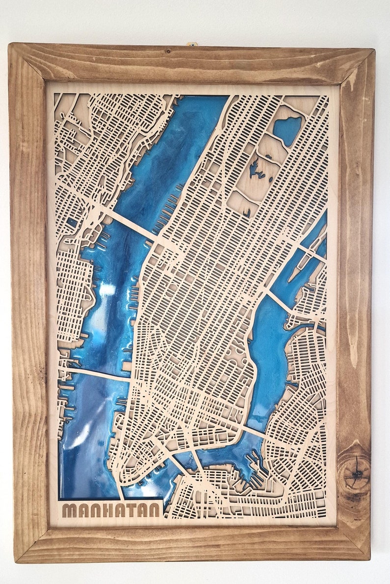 Rustic 3D City Map - Laser Cut Wooden Wall Art With Epoxy Resin ...