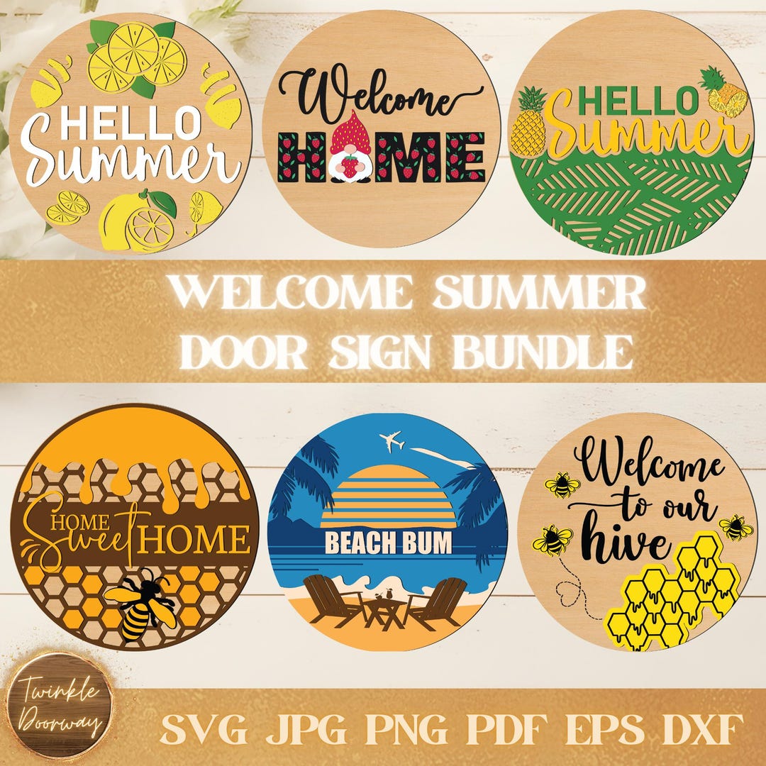 Welcome Summer Sign Bundle, Digital Download, Summer Door Hanger SVG ...