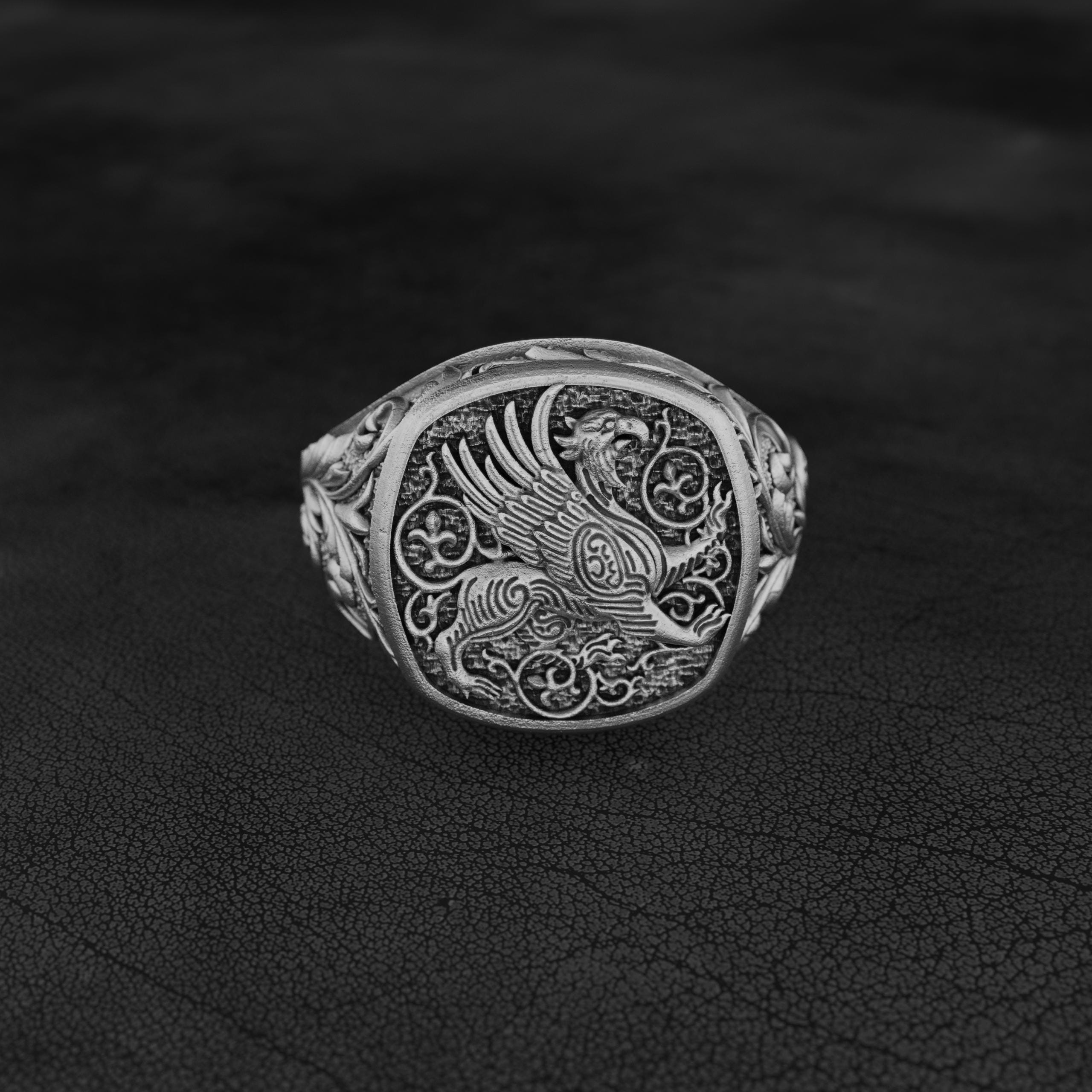 Griffin Square Signet Ring – Sterling Silver Mythical Creature Ring ...