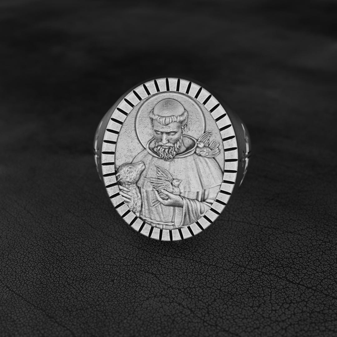 Saint Francis Oxidized Signet Ring for Men, Christian Sterling Silver ...