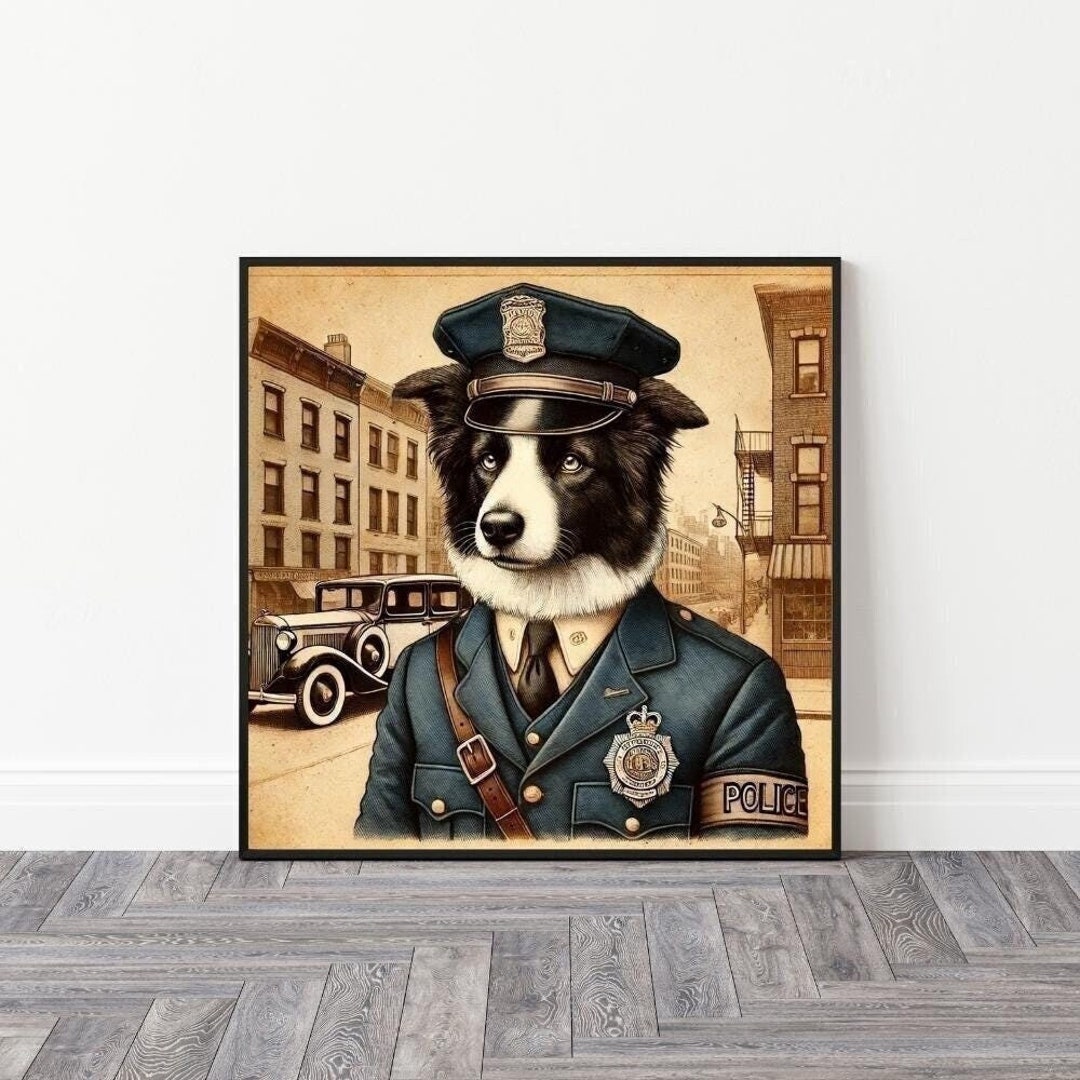 Vintage Border Collie Police Officer – Retro Police Dog Art Print ...