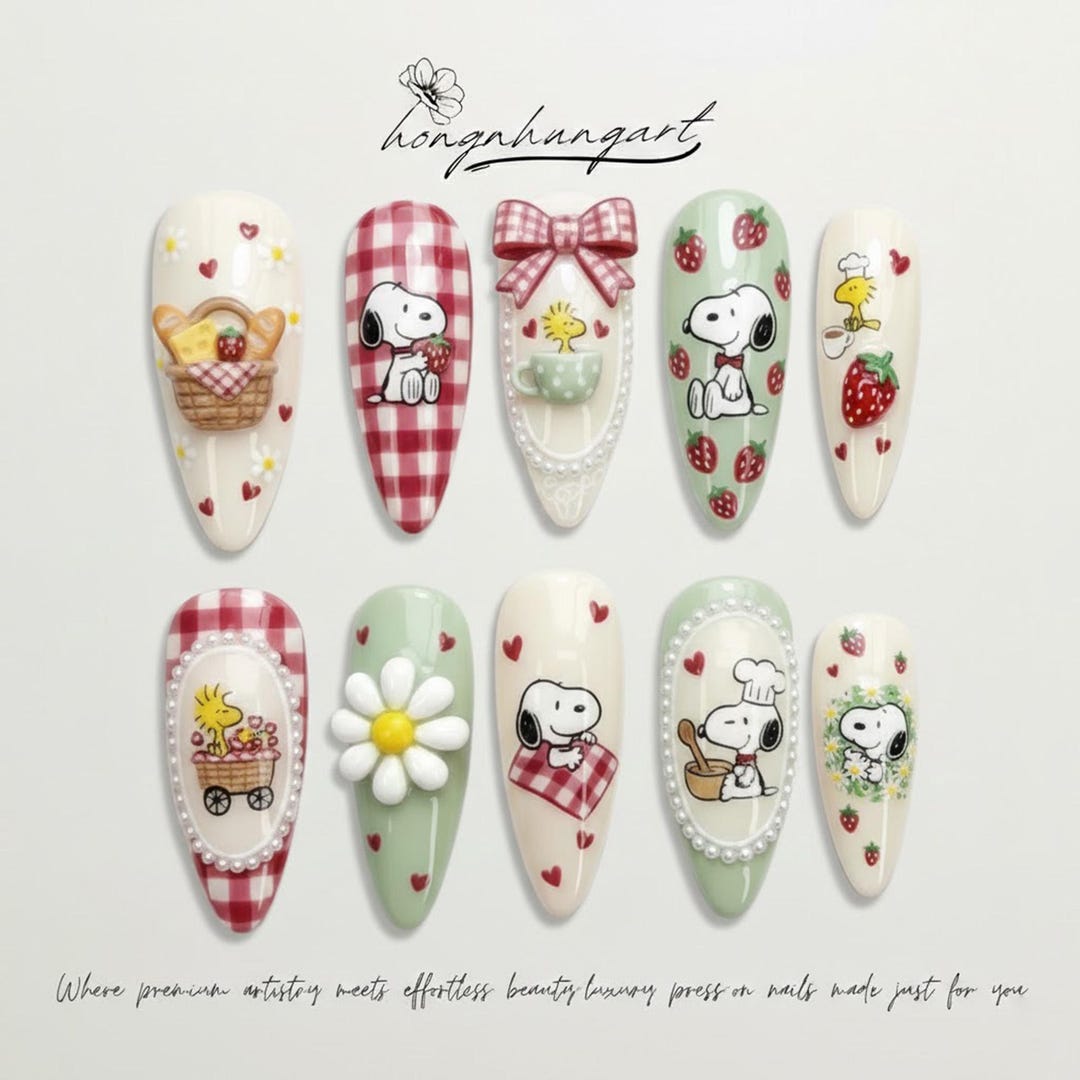 Handmade Snoopy Picnic Press on Nails, 3D Flower, Red Plaid - Etsy