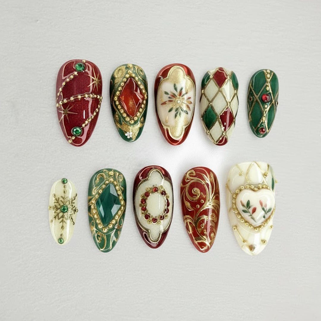 Baroque Style Press on Nails: Emerald Green & Gold, Luxury Vintage ...