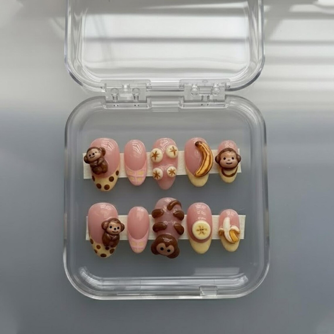 Kawaii 3D Monkey Press on Nails: Handmade Banana Polka Nail Art - Etsy