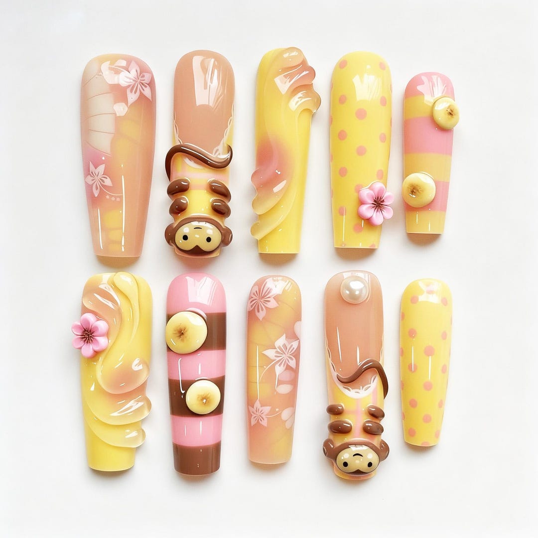 Handmade Kawaii 3D Monkey Press on Nails: Banana Polka Nail Art - Etsy
