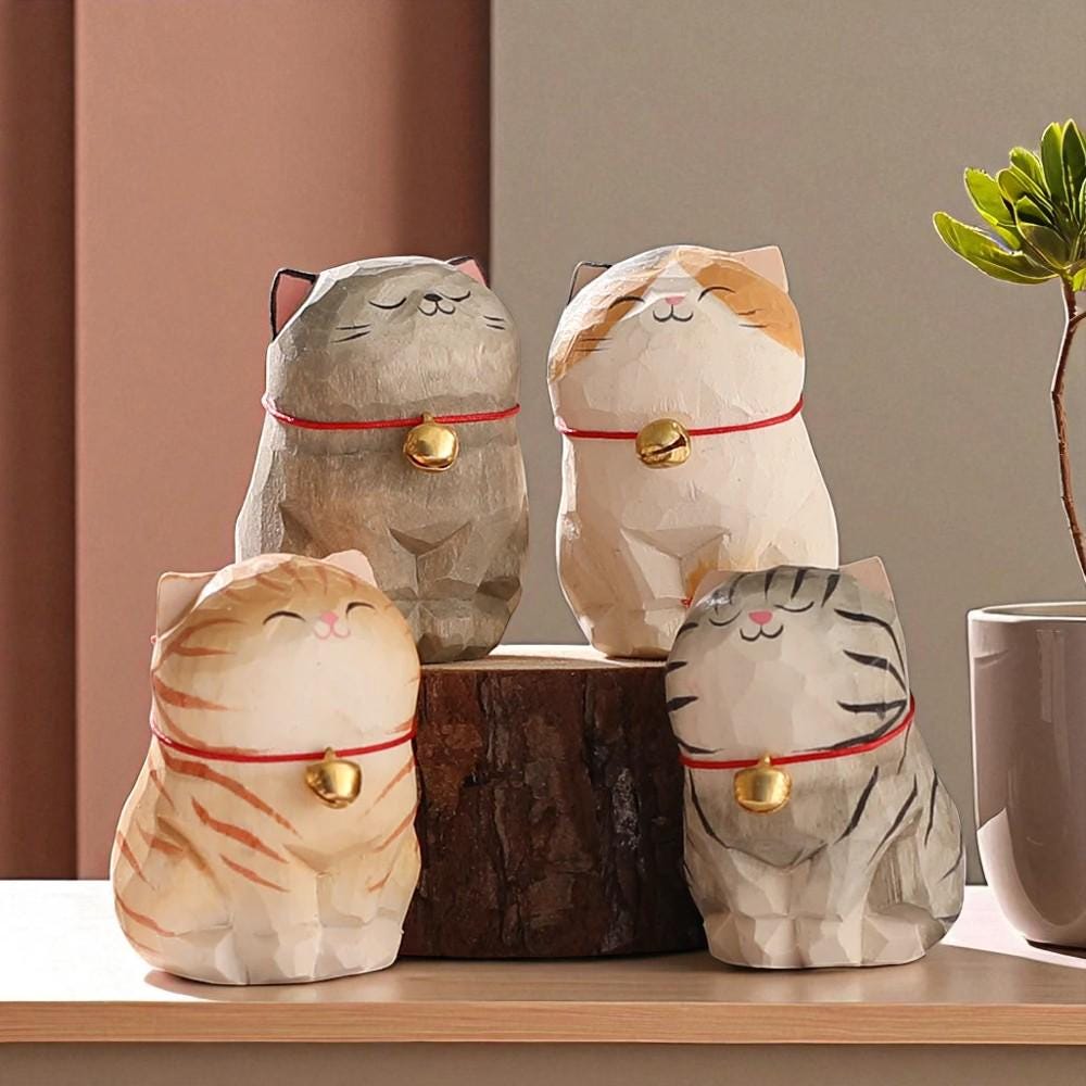 Handmade Wooden Cat Statue – Hand-carved Folk Art Figurine for Room ...