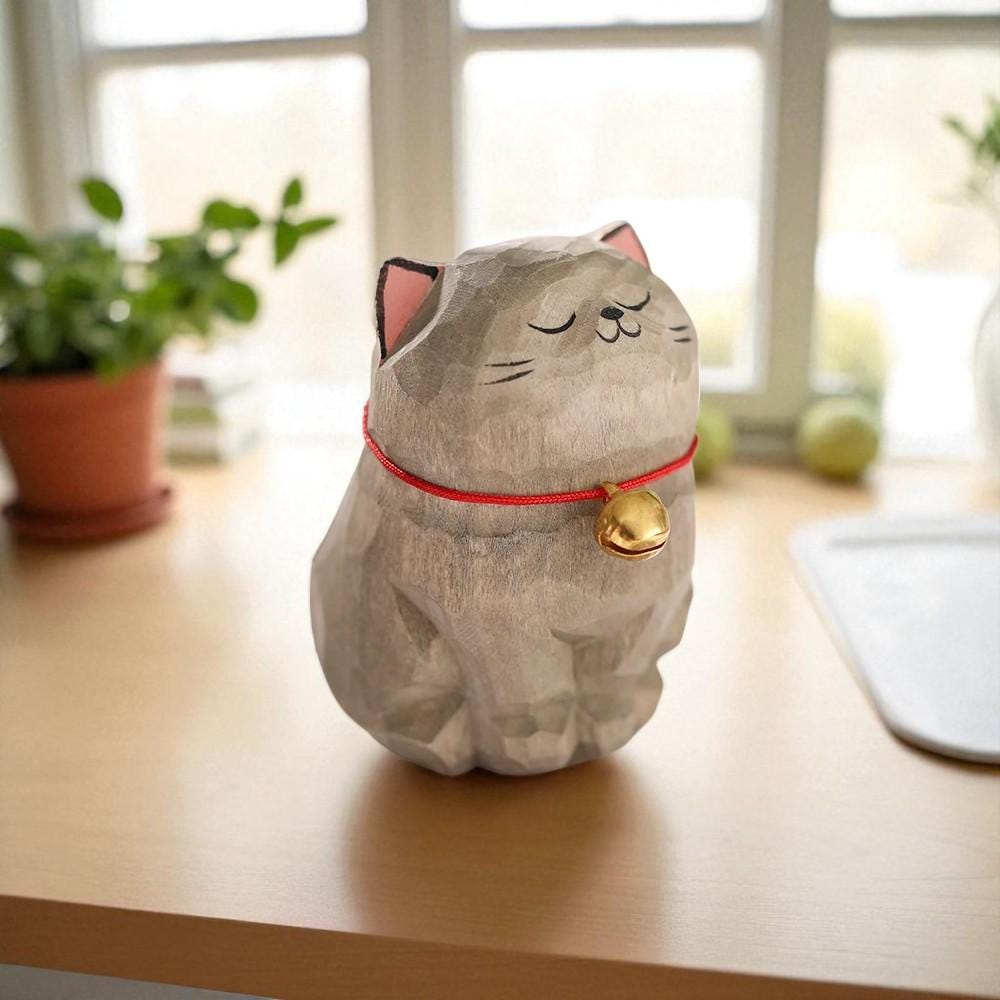 Handmade Wooden Cat Statue – Hand-carved Folk Art Figurine for Room ...