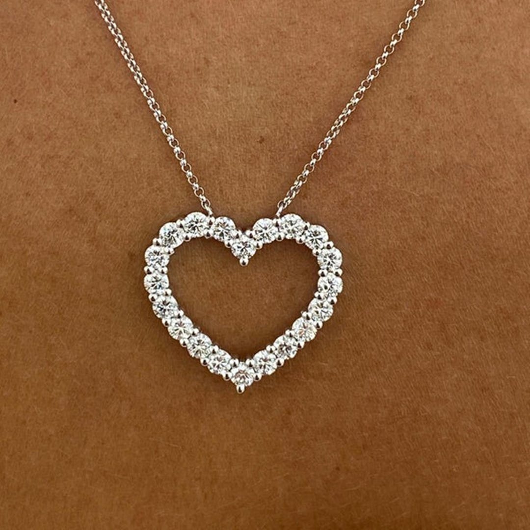 Round Lab Grown Diamond Heart Shape Necklace, 925 Silver Open Heart ...