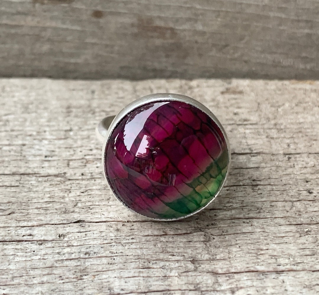 Large Round Pink Purple Green Dragon Agate Sterling Silver Statement ...