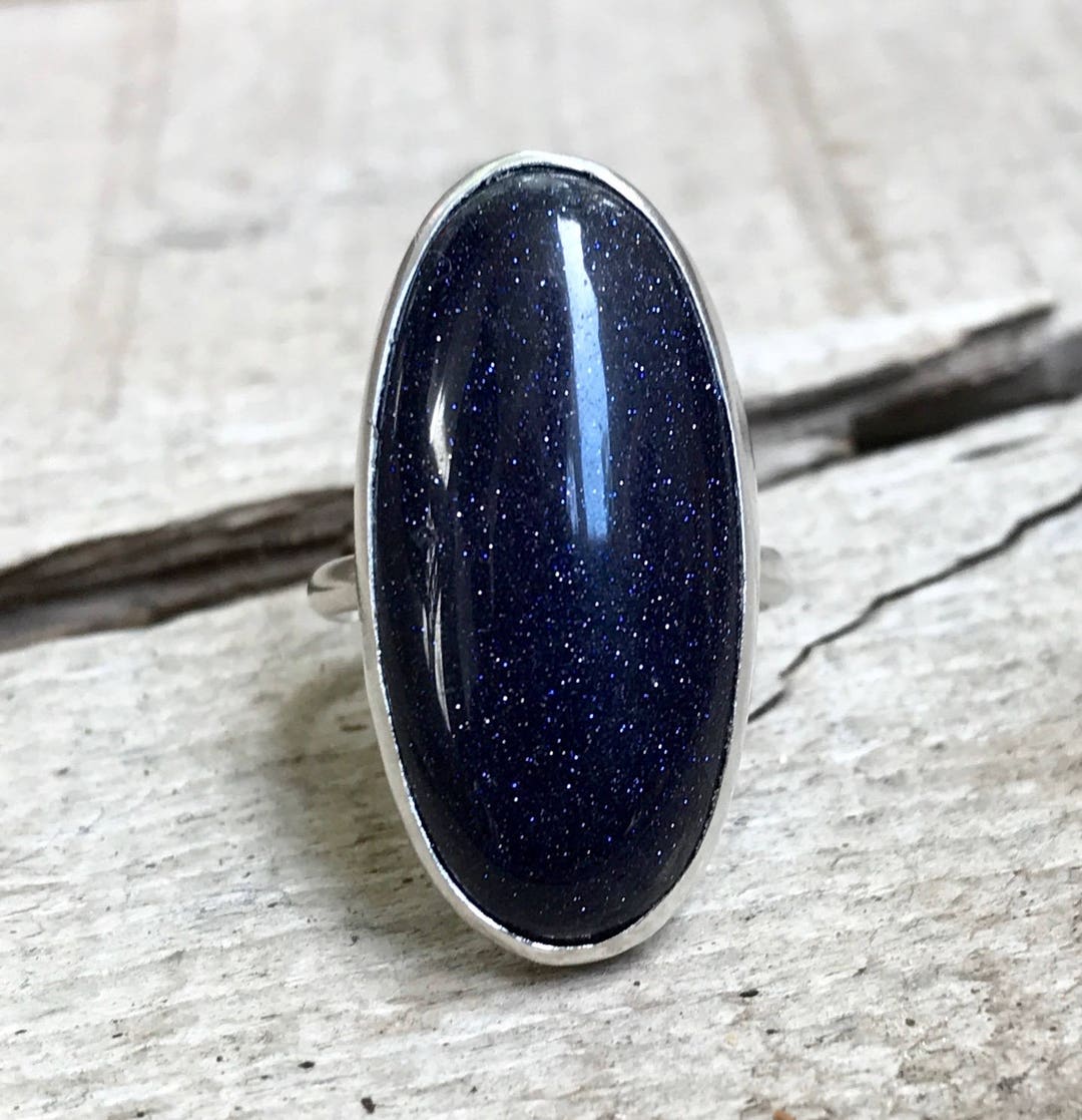 Large Oval Blue Sparkly Sandstone Sterling Silver Statement Ring | Blue ...