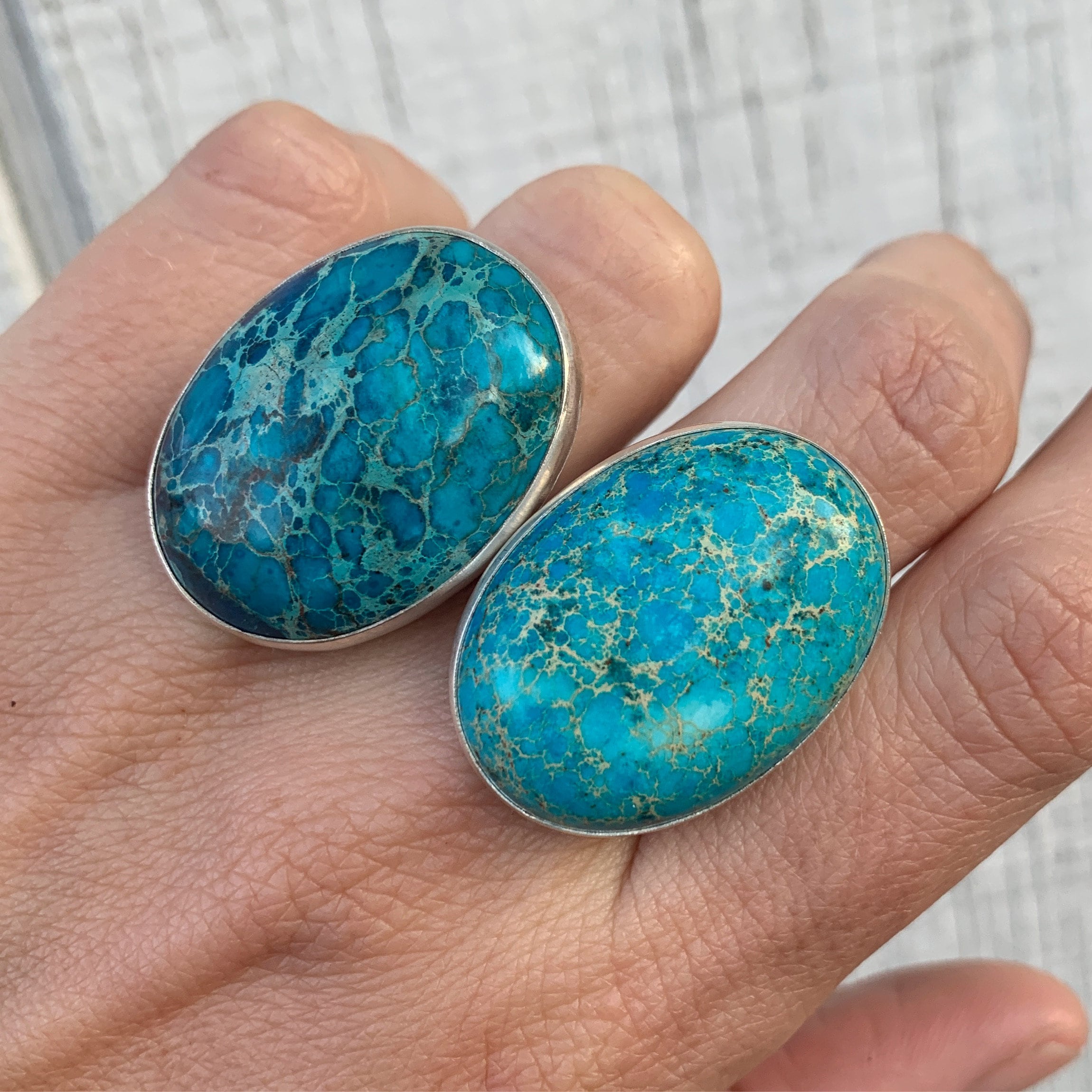 Bright Large Oval Blue Ocean Jasper Sterling Silver Statement Ring ...