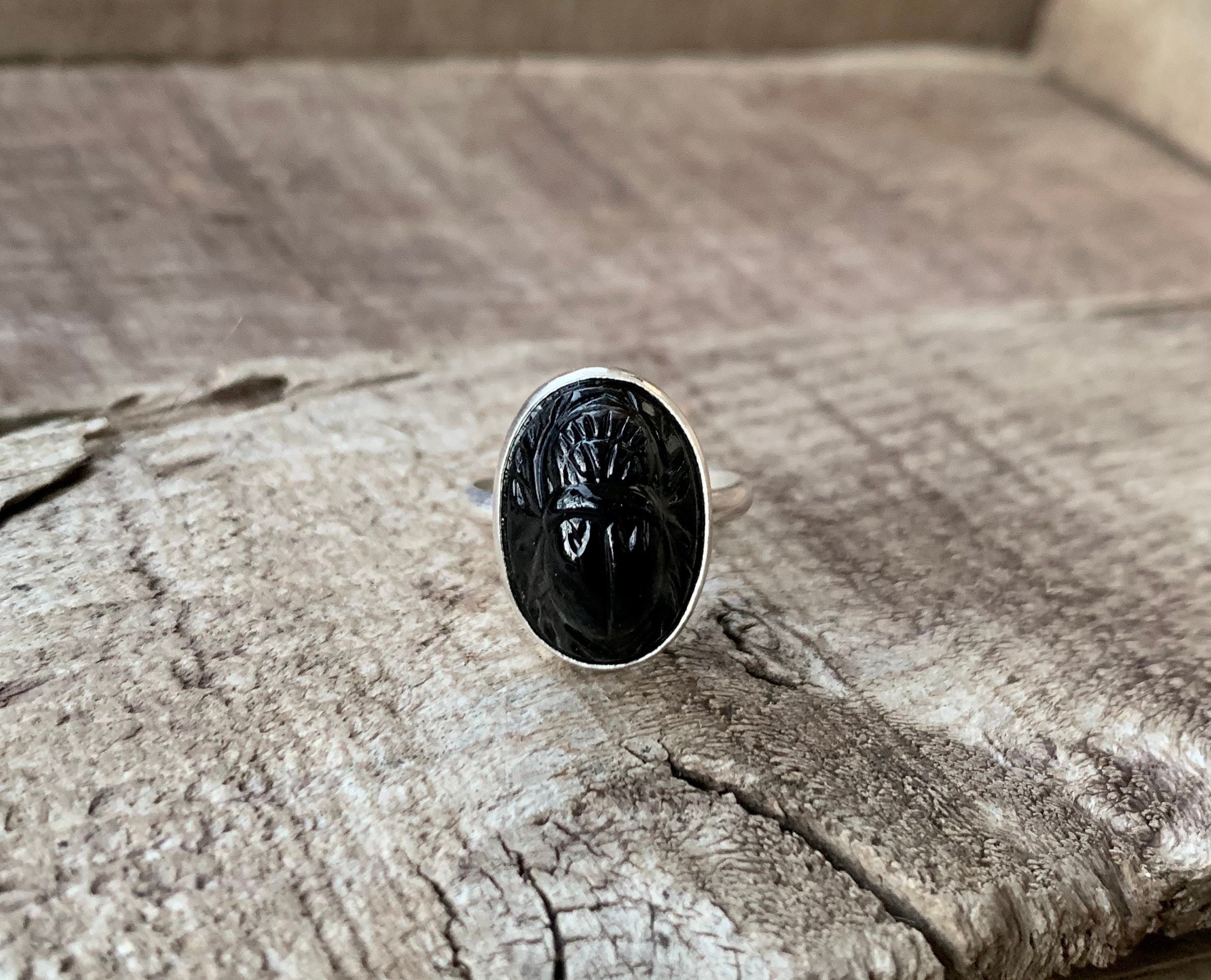 Vintage Glass Black Carved Egyptian Scarab Sterling Silver - Etsy