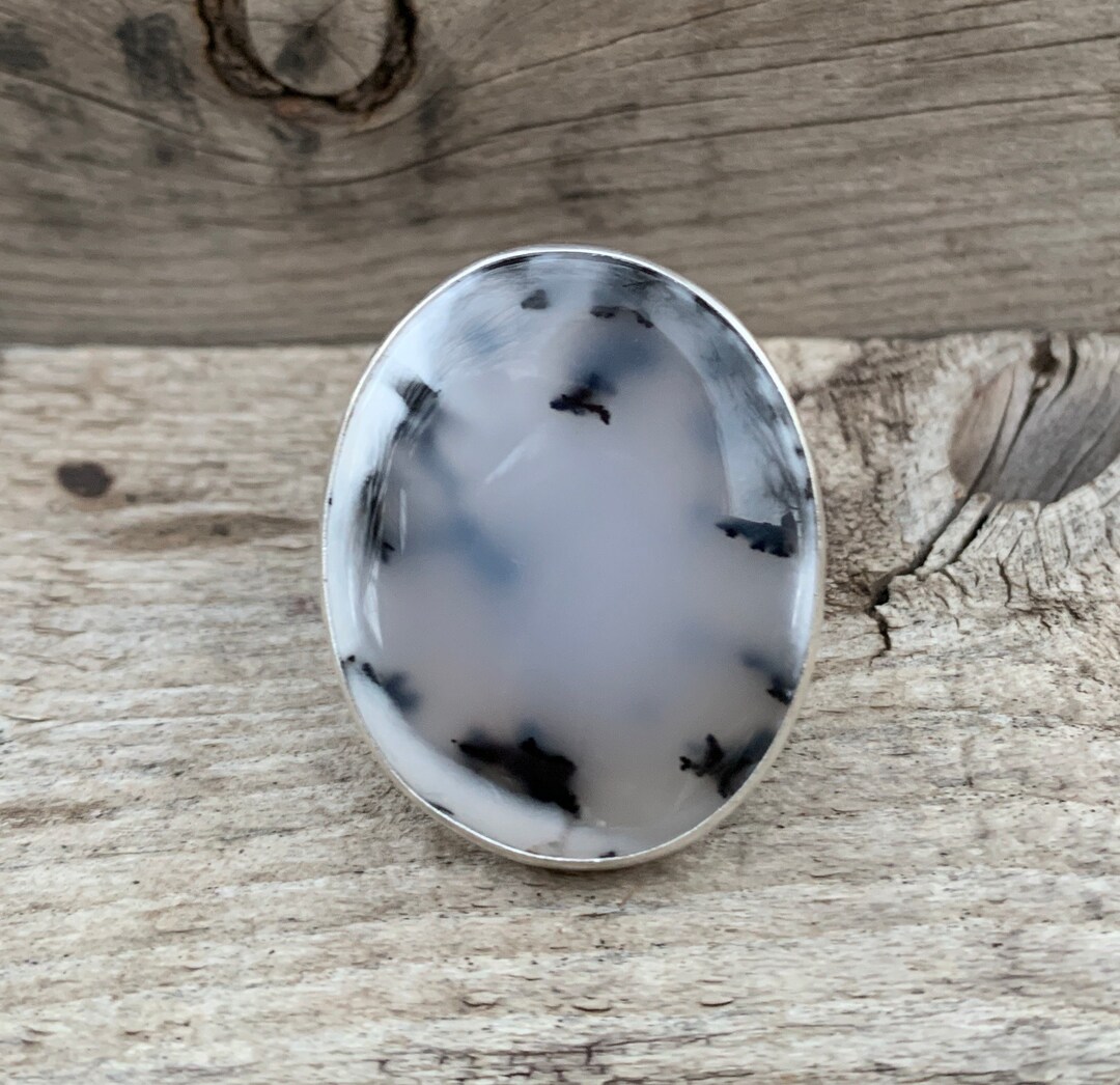 Elegant Oval Black and White Dendrite Opal Agate Sterling Silver Ring ...