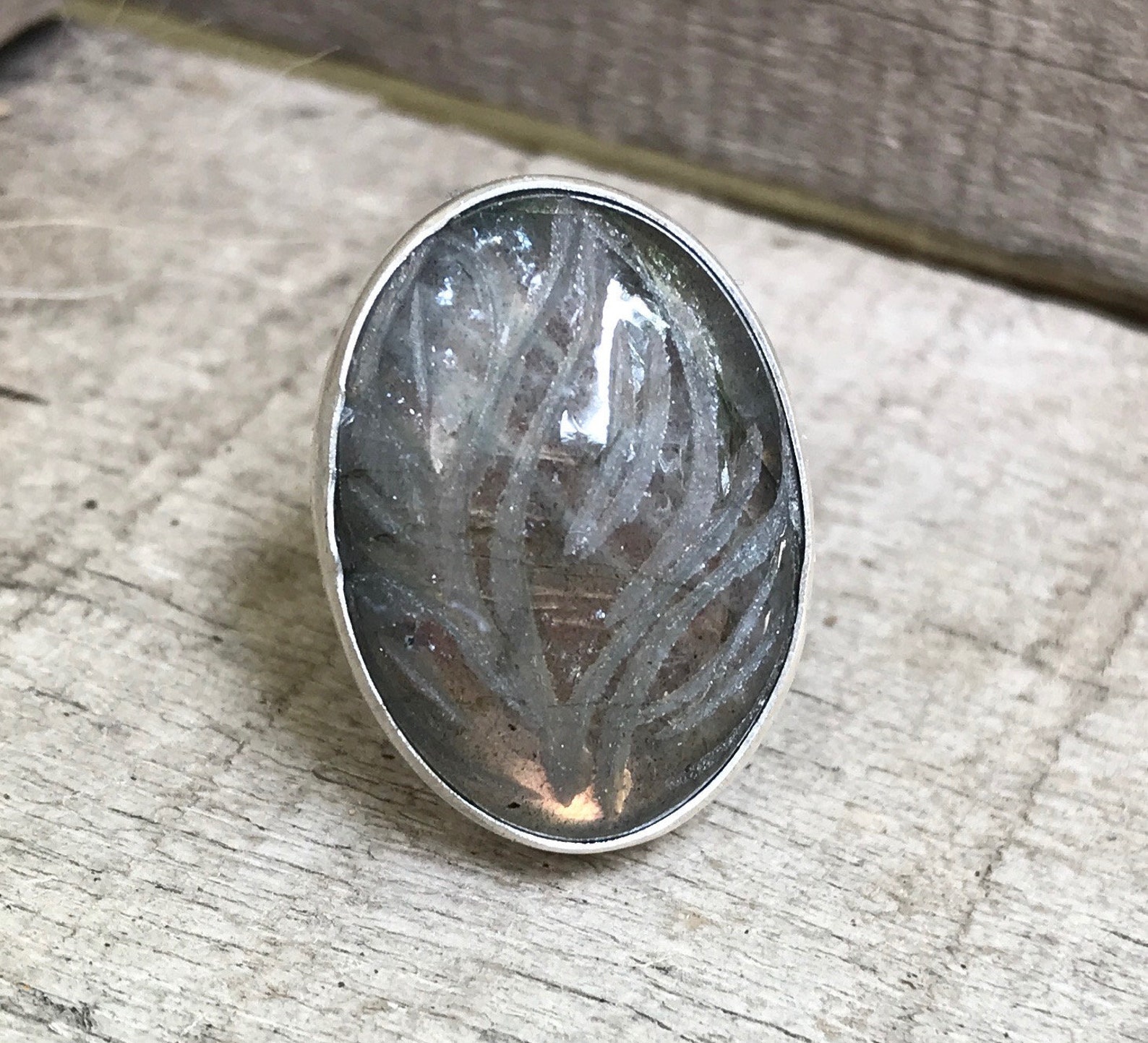 Large Oval Orange and Pink Carved Labradorite Sterling Silver Ring ...