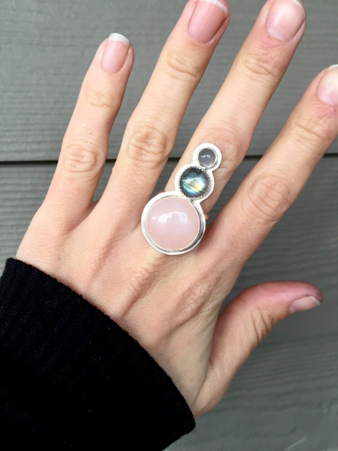 Rose Quartz Labradorite Purple Moonstone Ring | Tri Stone Statement ...