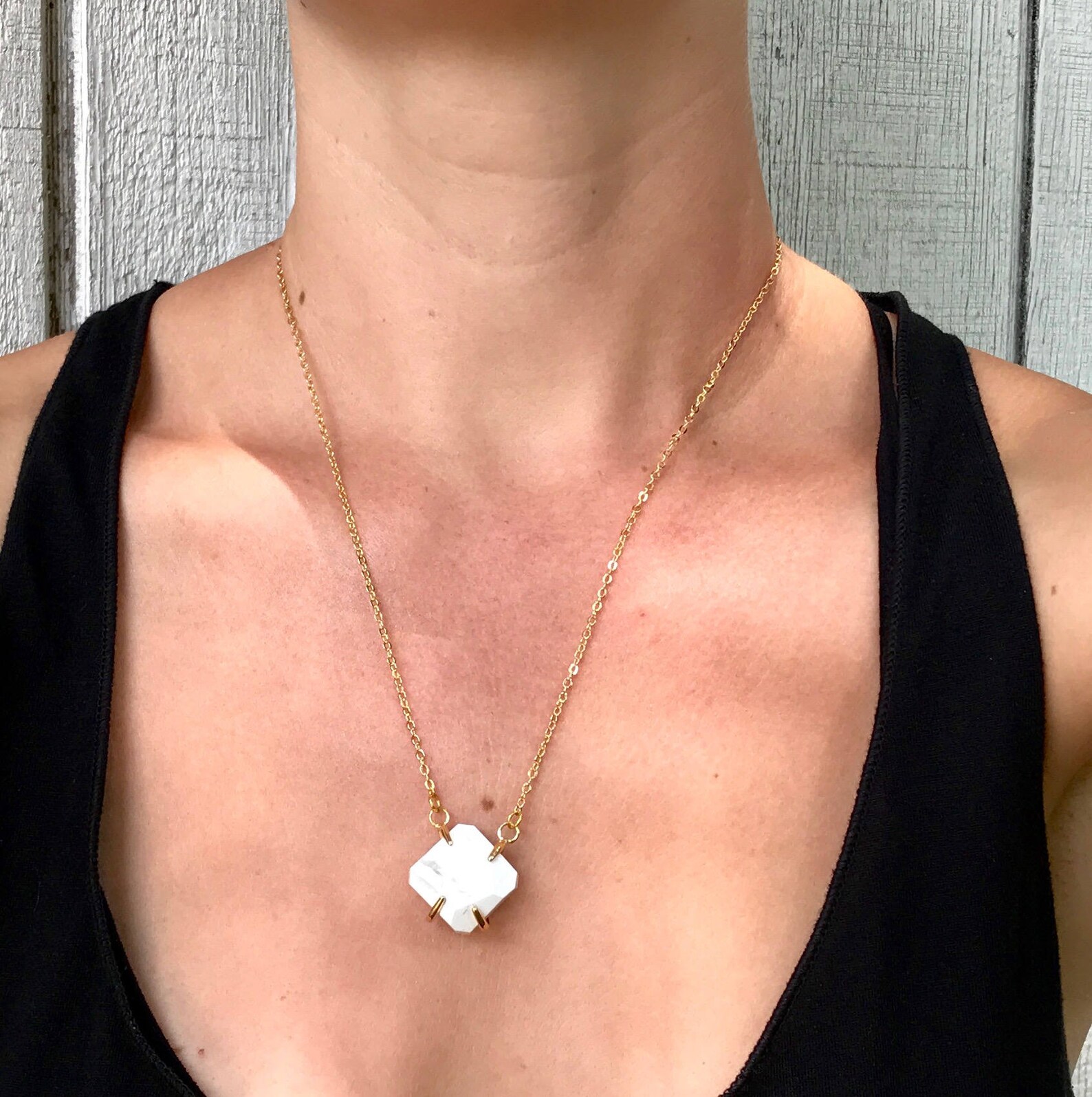 Geometricdiamondgemstone Prong Pendant Gold Necklace | Etsy