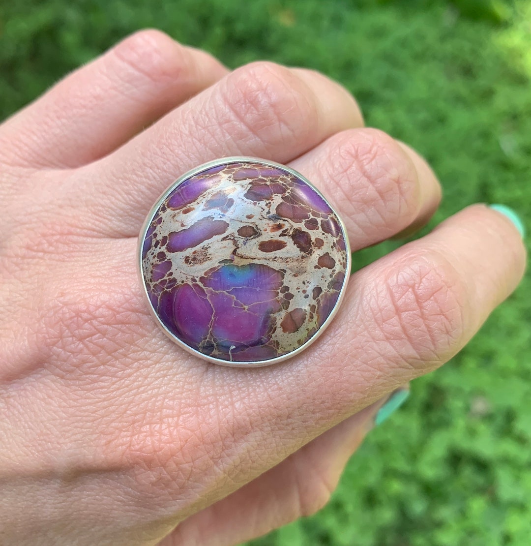 Large Round Purple Ocean Jasper Sterling Silver Statement Ring | Boho ...