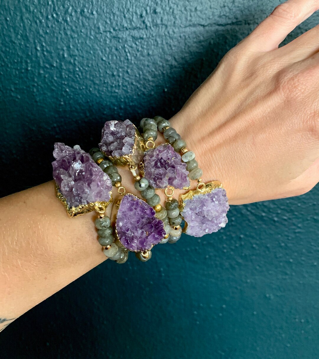 Chunky Raw Amethyst Geode Faceted Labradorite Gold Gemstone Bracelet ...