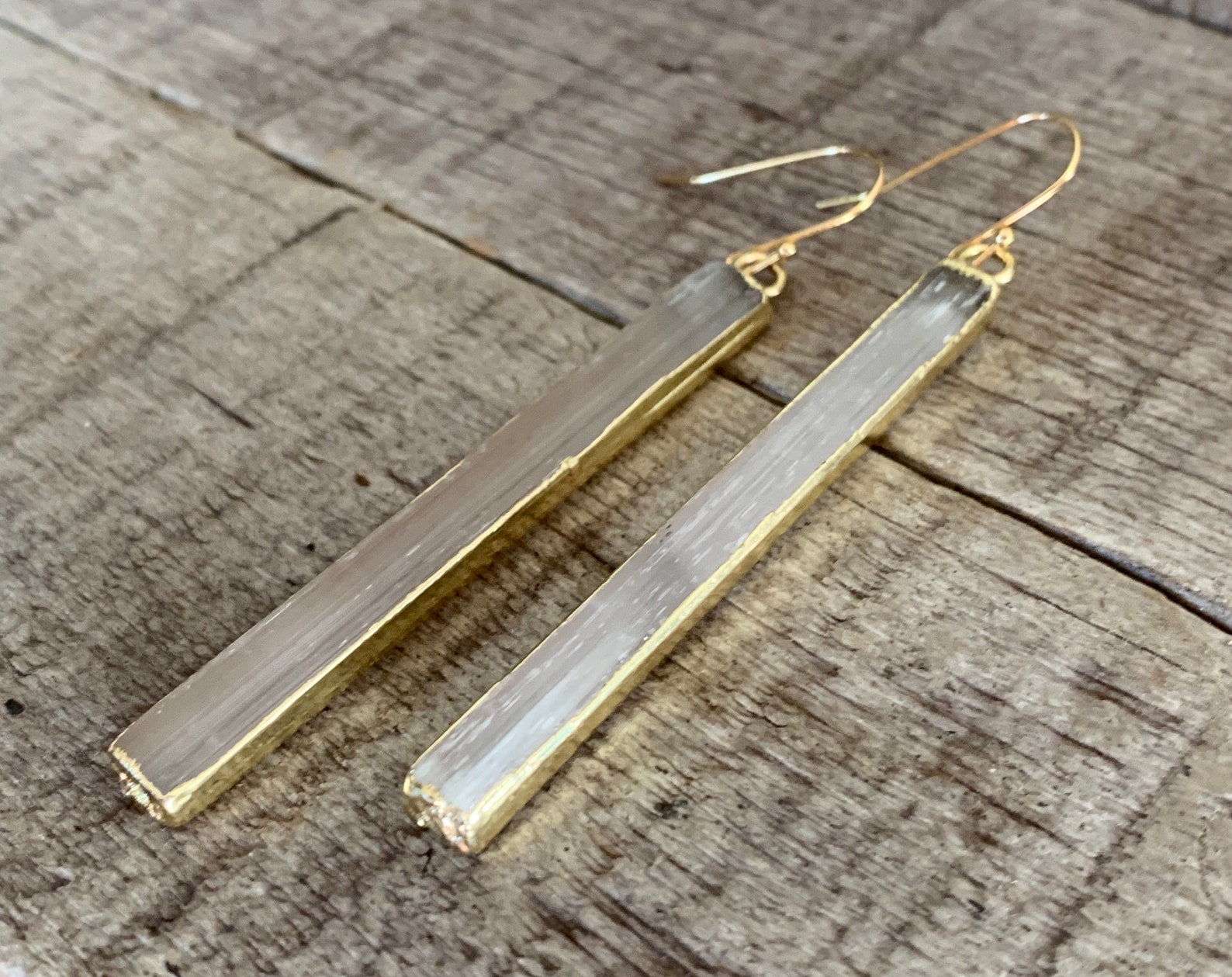 Elegant White Selenite Crystal Gold Dipped Dangle Earrings and Necklace ...