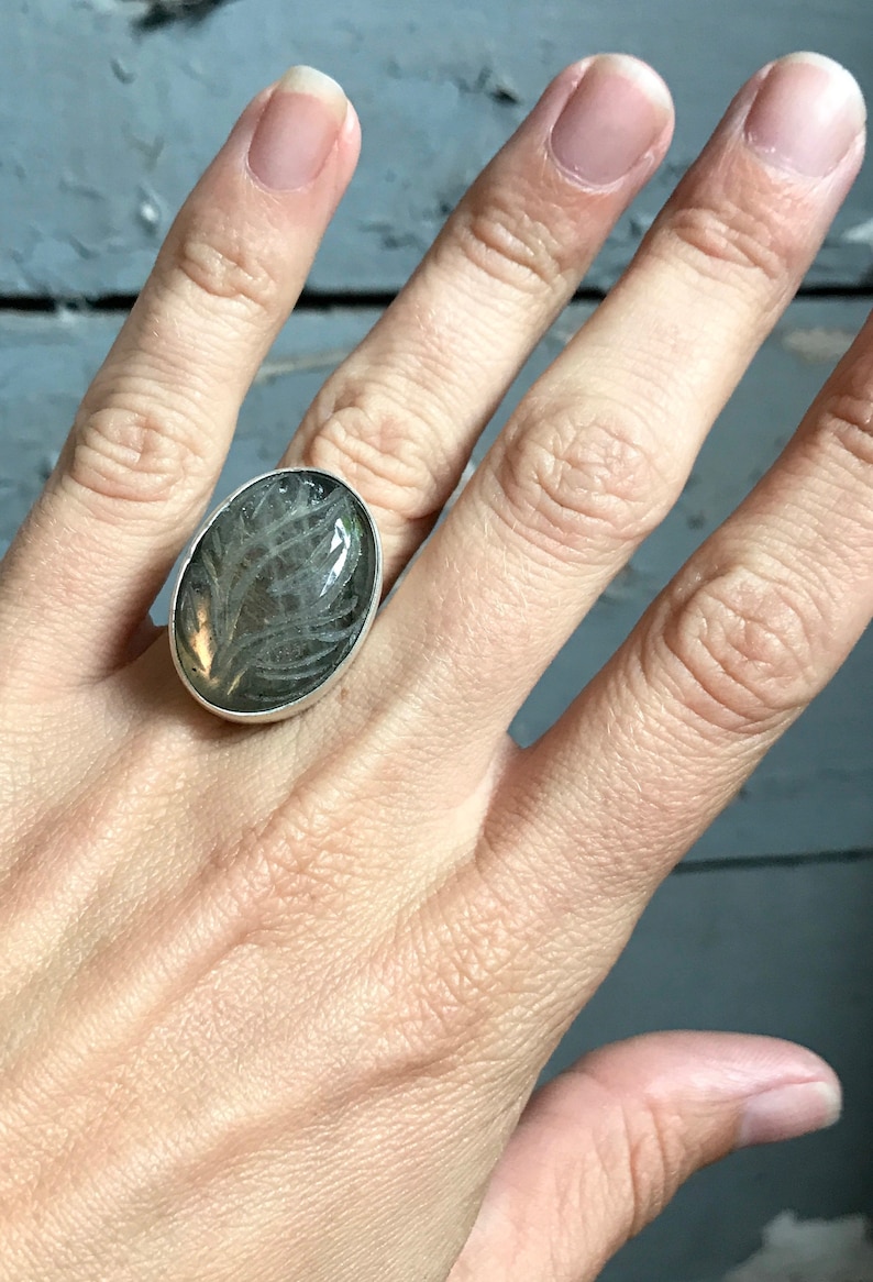Large Oval Orange and Pink Carved Labradorite Sterling Silver Ring ...