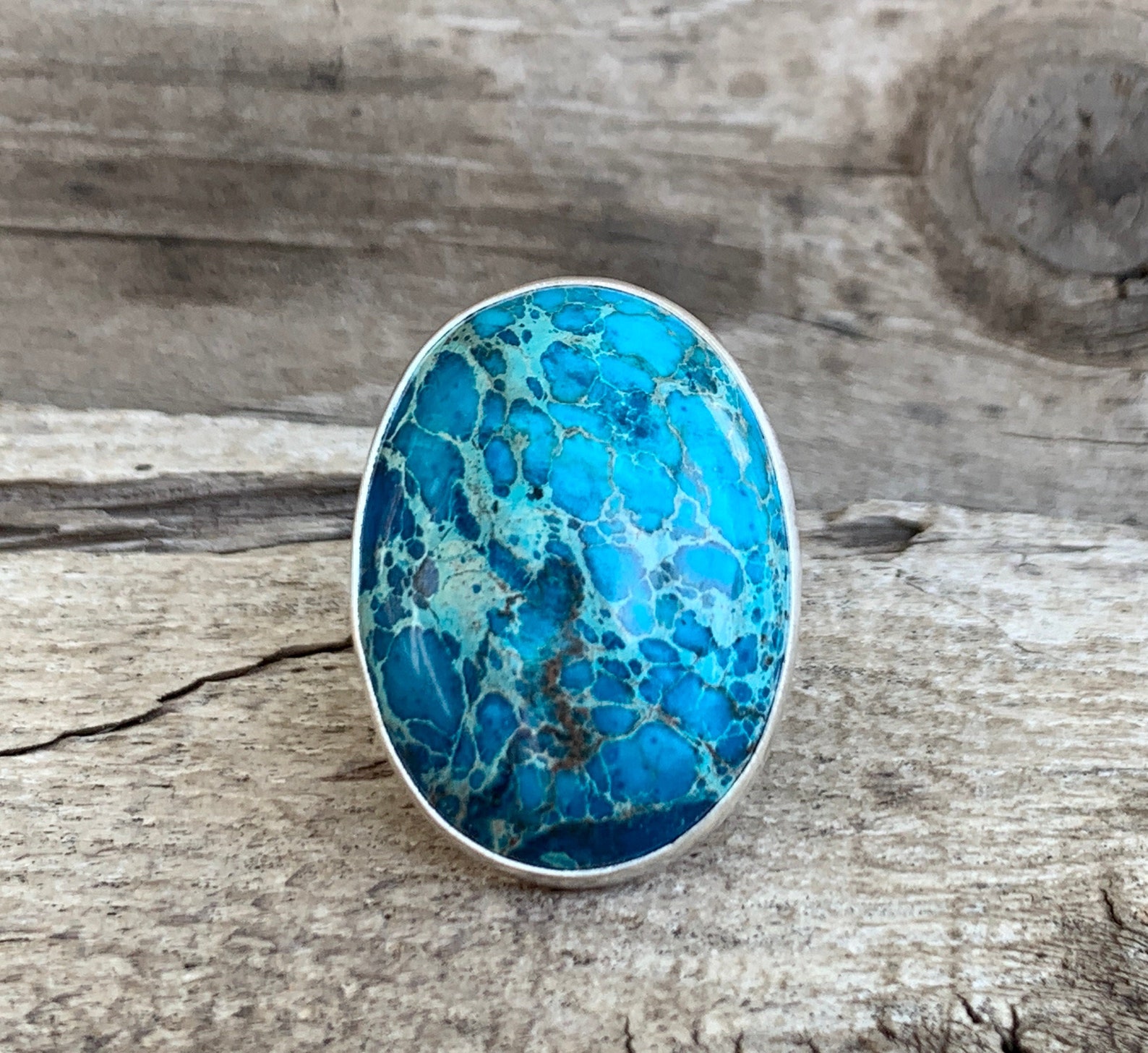Bright Large Oval Blue Ocean Jasper Sterling Silver Statement Ring ...