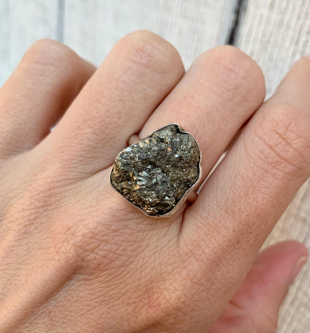Raw Geode Druzy Golden Pyrite Sterling Silver Statement Ring Size ...
