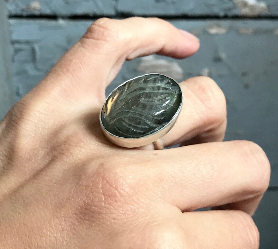 Large Oval Orange and Pink Carved Labradorite Sterling Silver Ring ...