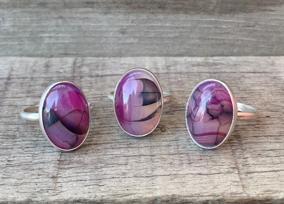 Dainty Small Oval Purple Black Veined Dragon Agate Sterling Silver Ring ...