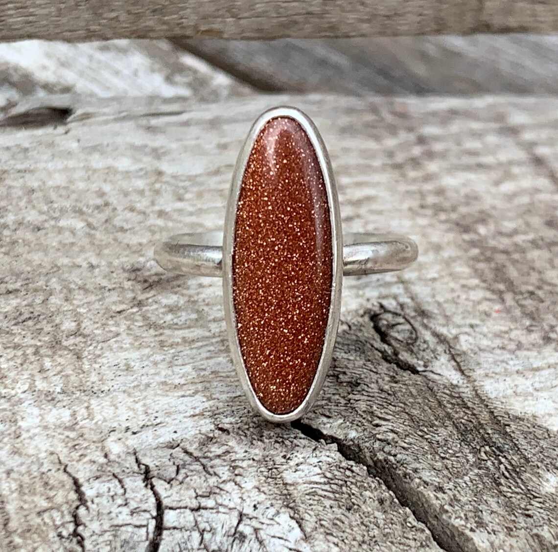 Golden Brown Elongate Oval Goldstone Sterling Silver Ring | Silver Ring ...