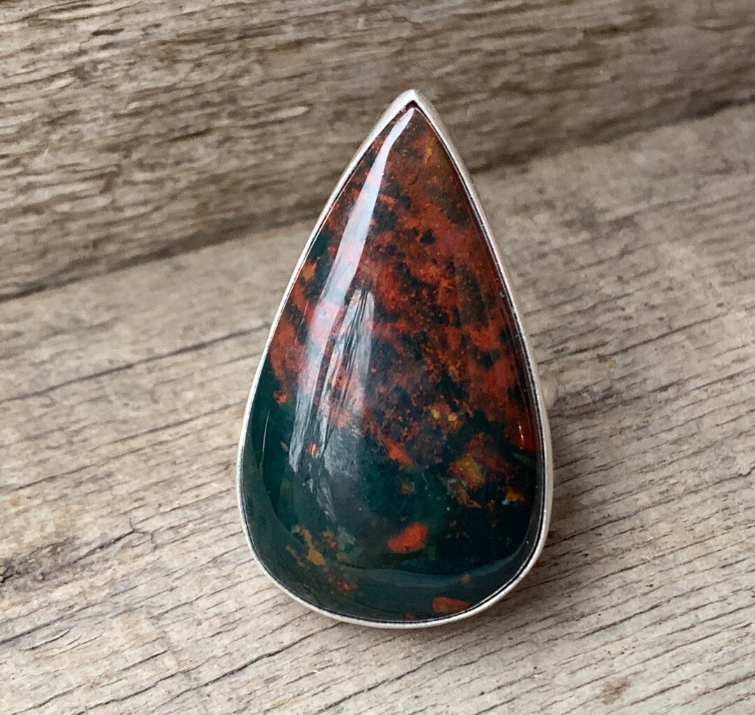 Teardrop Black Red Bloodstone Unique Chunky Sterling Silver Statement ...