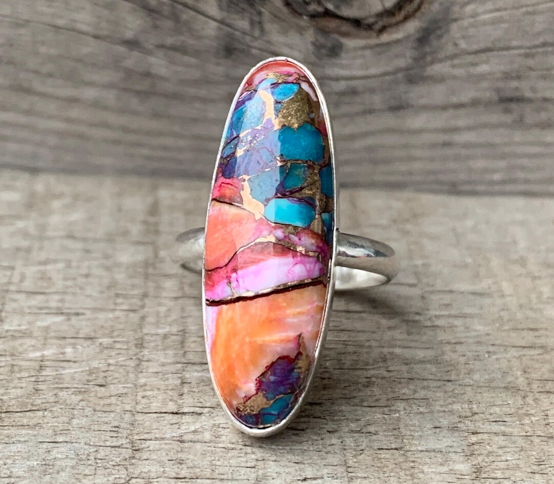 Elegant Long Oval Dahlia Copper Turquoise Sterling Silver Ring | One of ...