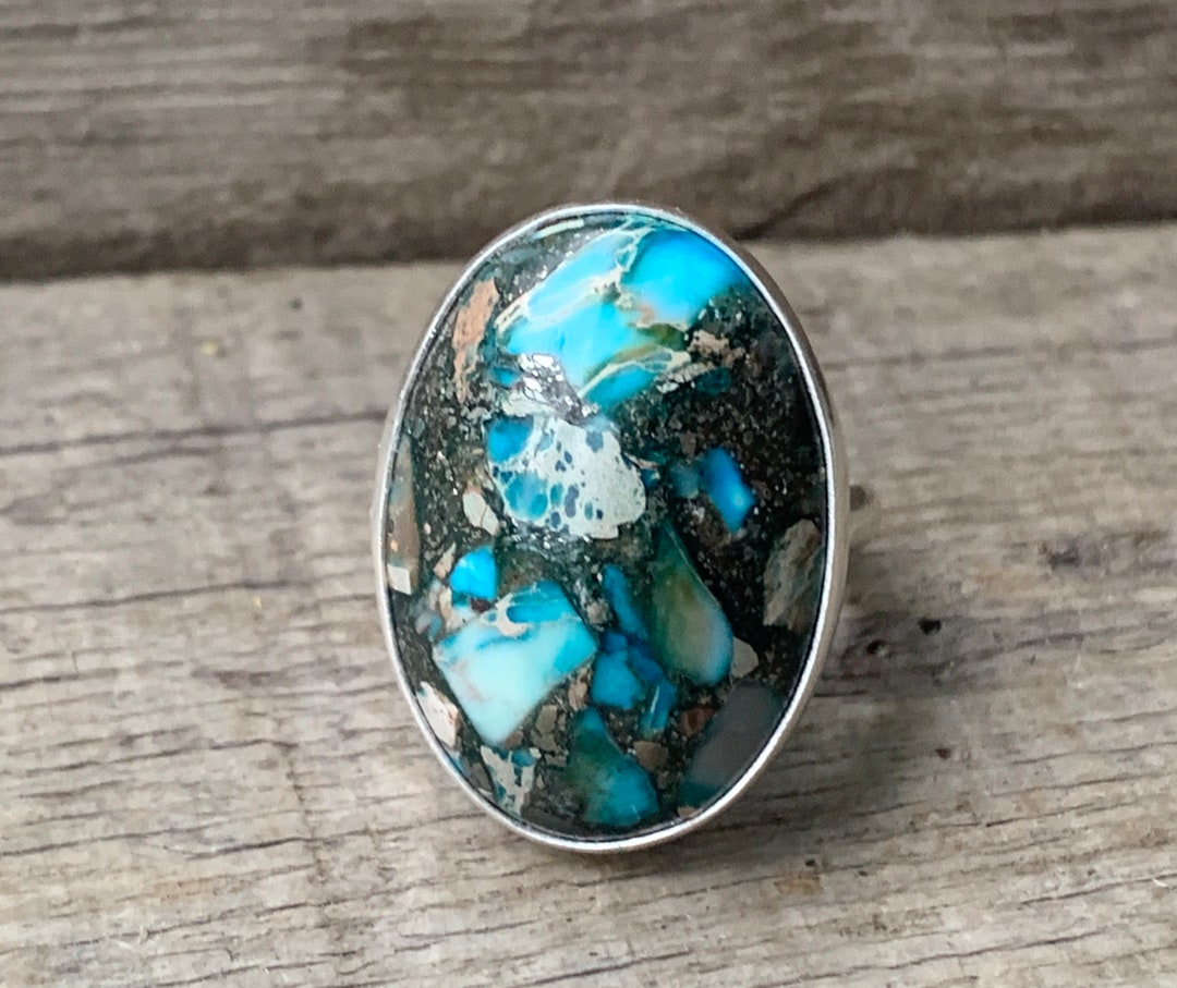 Regal Oval Blue Pyrite Ocean Jasper Sterling Silver Ring | Mermaid ...