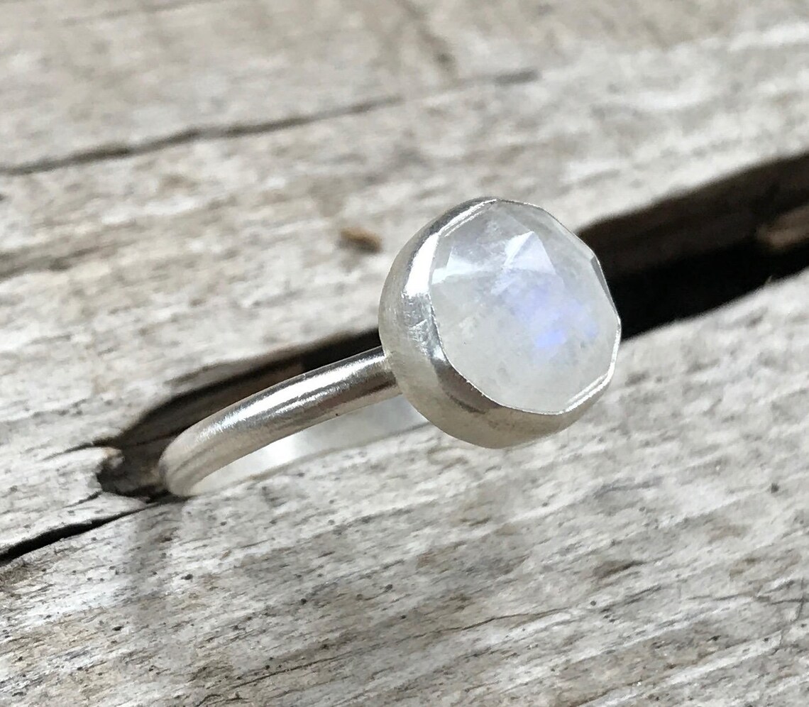 Large Round Faceted Rainbow Moonstone Sterling Silver Ring | Moonstone ...