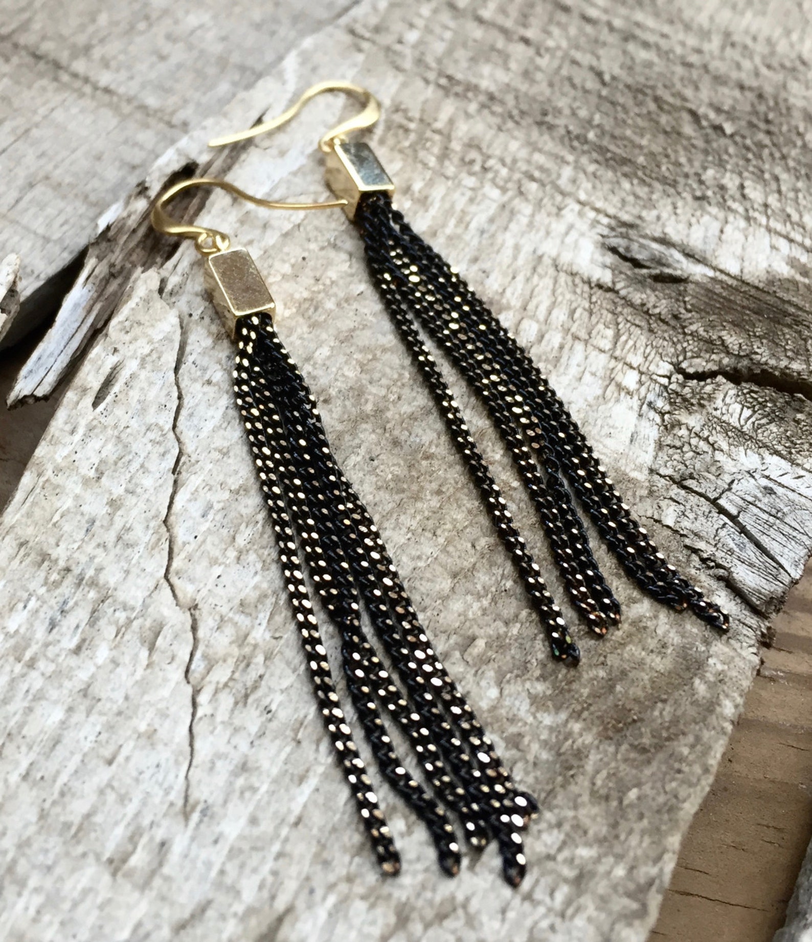 Edgy Rocker Chic Black and Gold Chain Gold Tassel Earrings - Etsy