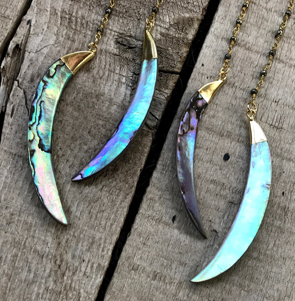 Half Moon Crescent Abalone Shell Necklace With Pyrite Rosary Chain ...
