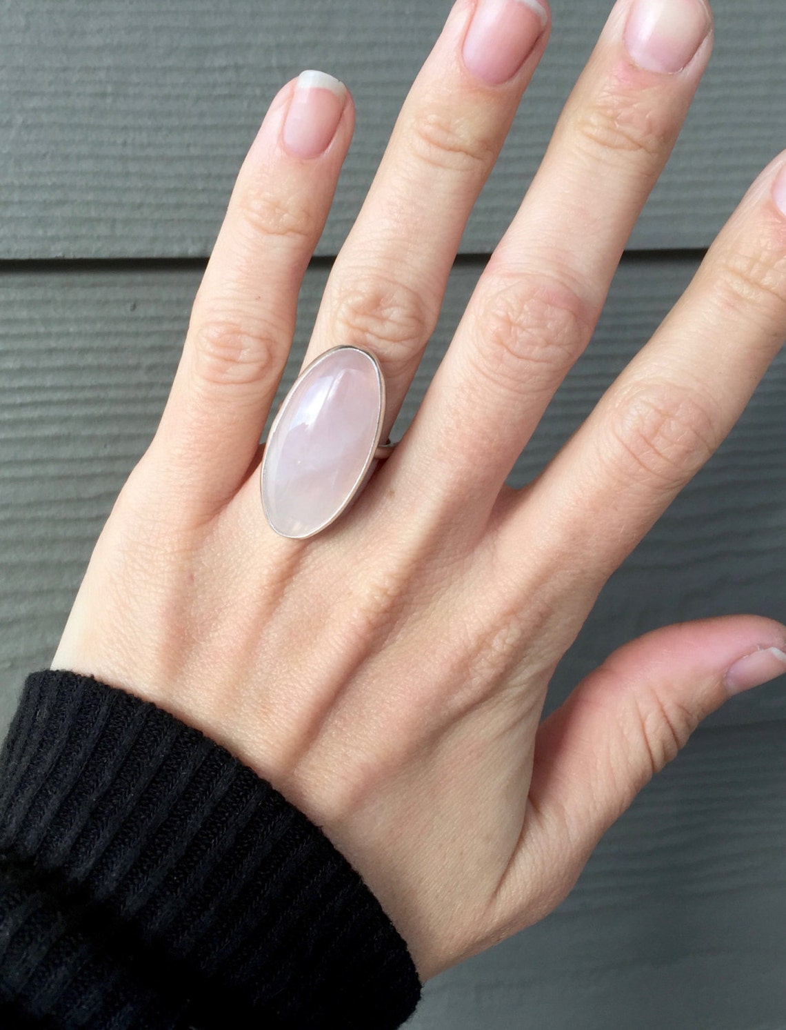Elongated Oval Gemstone Ring Oval Rose Quartz Silver Ring - Etsy