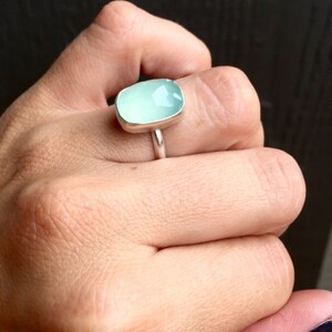 Elegant Rectangle Cushion Cut Aqua Blue Chalcedony Boho Ring Sterling Silver Statement Ring ...