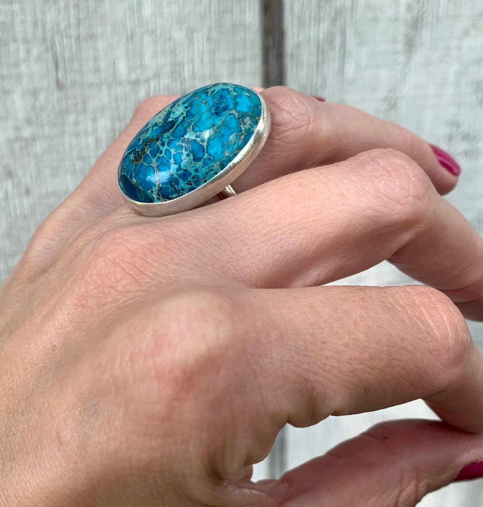Bright Large Oval Blue Ocean Jasper Sterling Silver Statement Ring ...