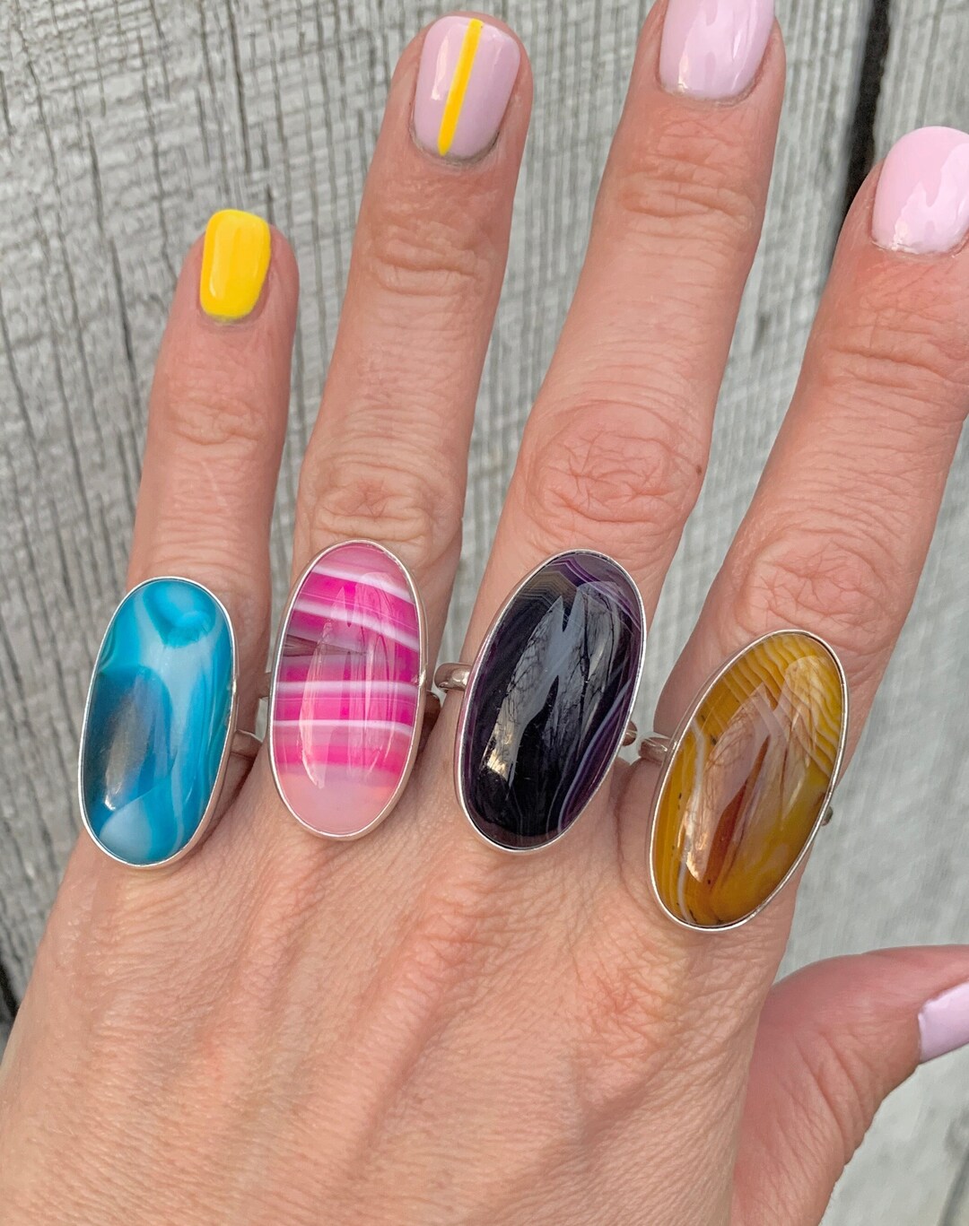 Made to Order Large Oval Multi Colored Agate Sterling Silver Ring ...